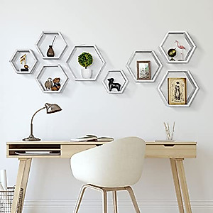 YBING Hexagon Floating Shelves Wall Mounted Set of 8 Wooden Hexagonal Shelves for Wall Storage Honeycomb Shelves for Bedroom Living Room Office Wall Decor, White