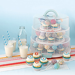 Sweet Creations 3 Tier, Collapsible Cupcake and Cakepop Display Carrier with Handel, White