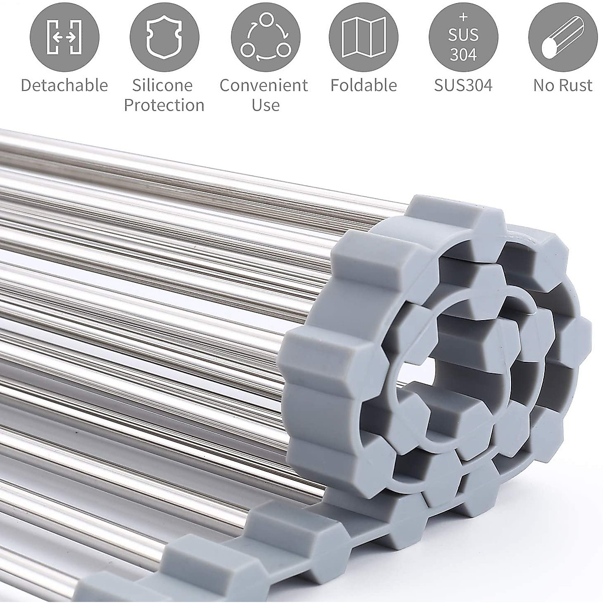 Dullrout Roll Up Dish Drying Rack 17.8 inch x 11.2 inch, Over The Sink Dish Drying Rack, Rollable Stainless Steel Sink Rack for Kitchen Organization, Foldable/Heat-Resistant/Easy to Store