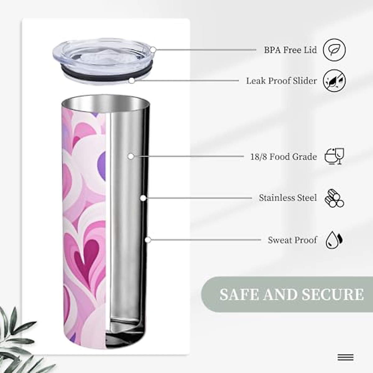 Tangopi Pink Purple Heart 20 oz Tumbler with Lid and Straw Insulated Travel Coffee Mug Reusable Spill Proof Coffee Cups Stainless Steel Water Bottle for Hot and Cold Drinks