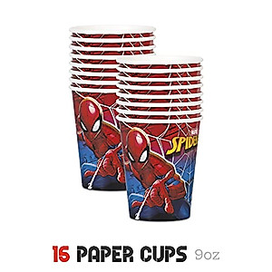 Spiderman Party Supplies | Spiderman Birthday Party Supplies | Spiderman Plates, Birthday Napkins, Paper Cups, Spiderman Tablecloth, Spiderman Birthday Banner | Marvel Superhero Birthday Party Supplies Serves 16