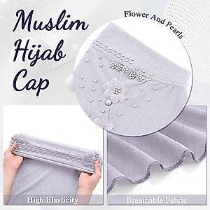 Woeoe Pearl Muslim Hijab Cap Plain Color Pre-Tied Flower Hijab Lightweight Muslim Head Wrap for Women and Girls