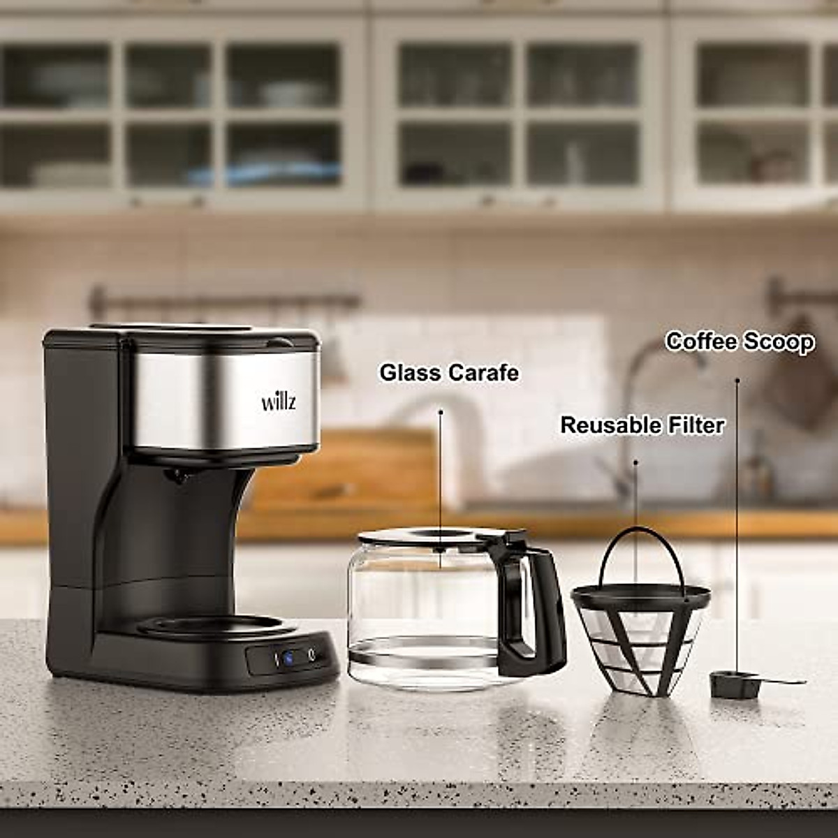 Willz 12-Cup Drip Coffee Maker with Reusable Filter & Coffee Scoop, Large Capacity, Black with Stainless Steel Trim