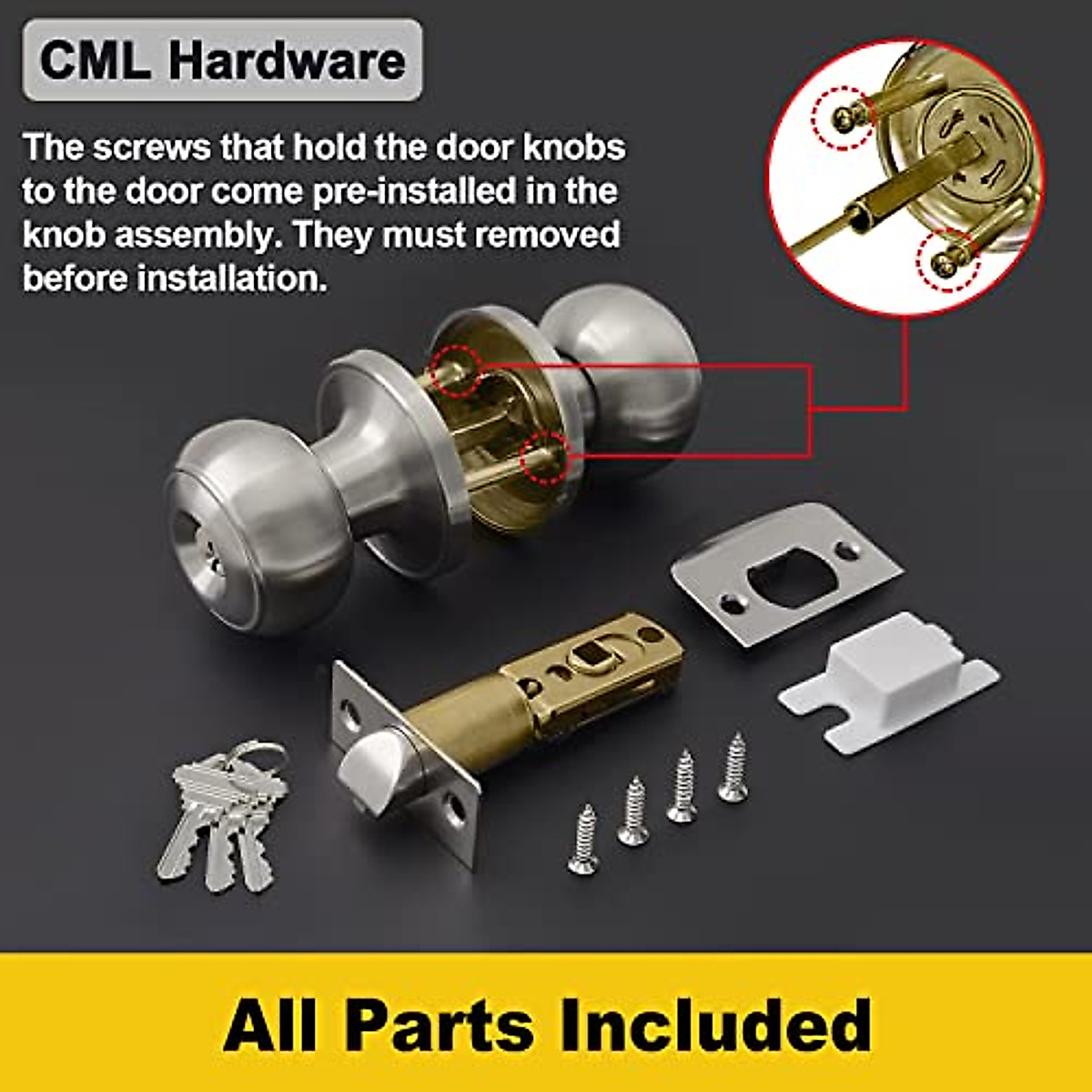 CML Hardware Keyed Entry Door Knob Set, Entrance Door Lock in Solid Stainless Steel for Exterior and Interior, Round Ball Handle, 1 Pack