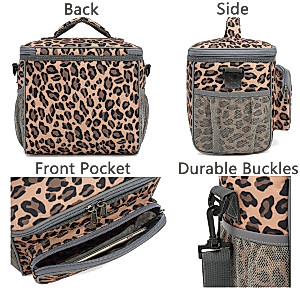 FlowFly Insulated Reusable Lunch Bag Adult Large Lunch Box for Women and Men with Adjustable Shoulder Strap,Front Zipper Pocket and Dual Large Mesh Side Pockets, Leopard