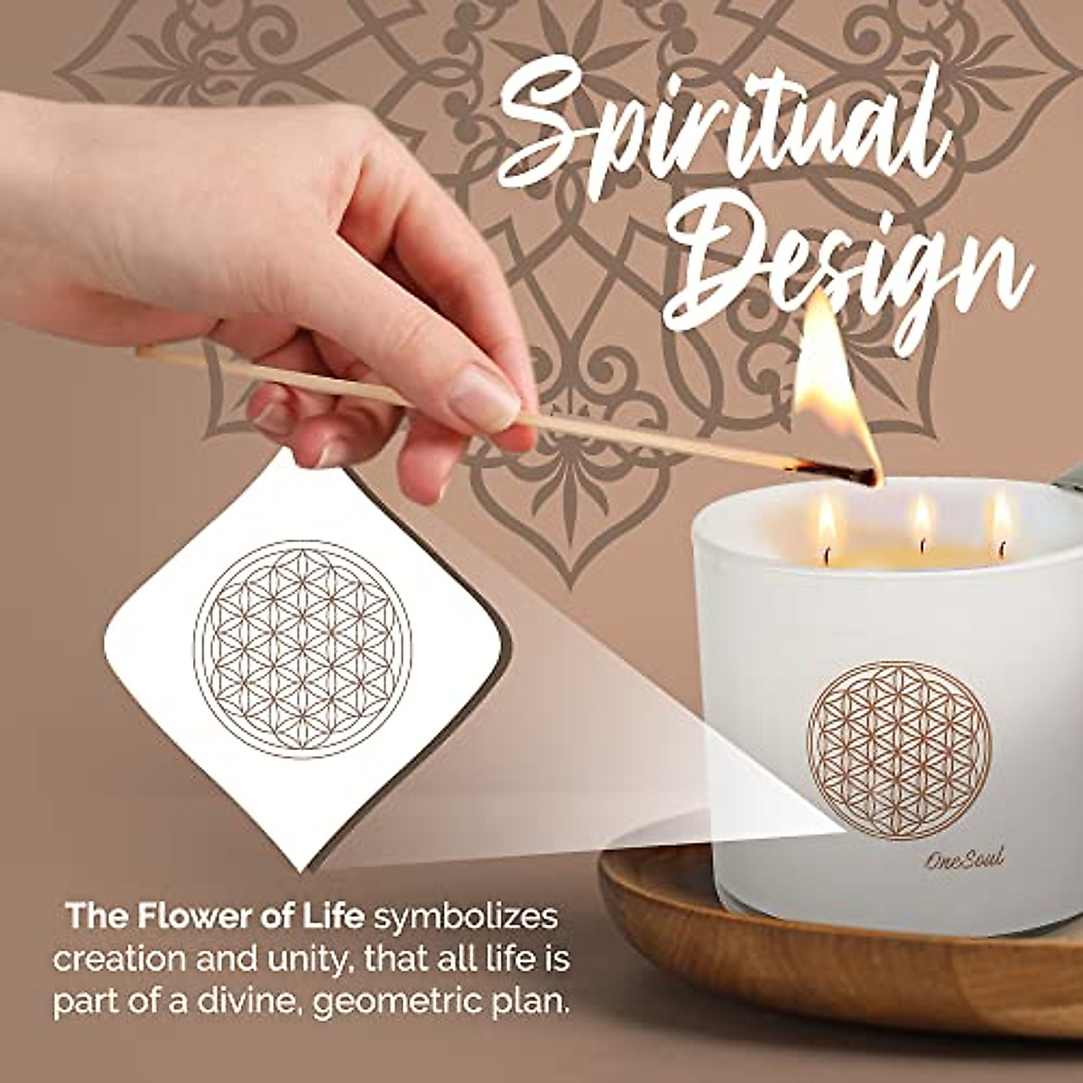 Large Exotic Spiced Vanilla Candle, Scented Candles for Home, Hand-Poured Aromatherapy 3 Wick Candle for Gift with Flower of Life Design, 50-Hour Burn Time, 14oz OneSoul Collection