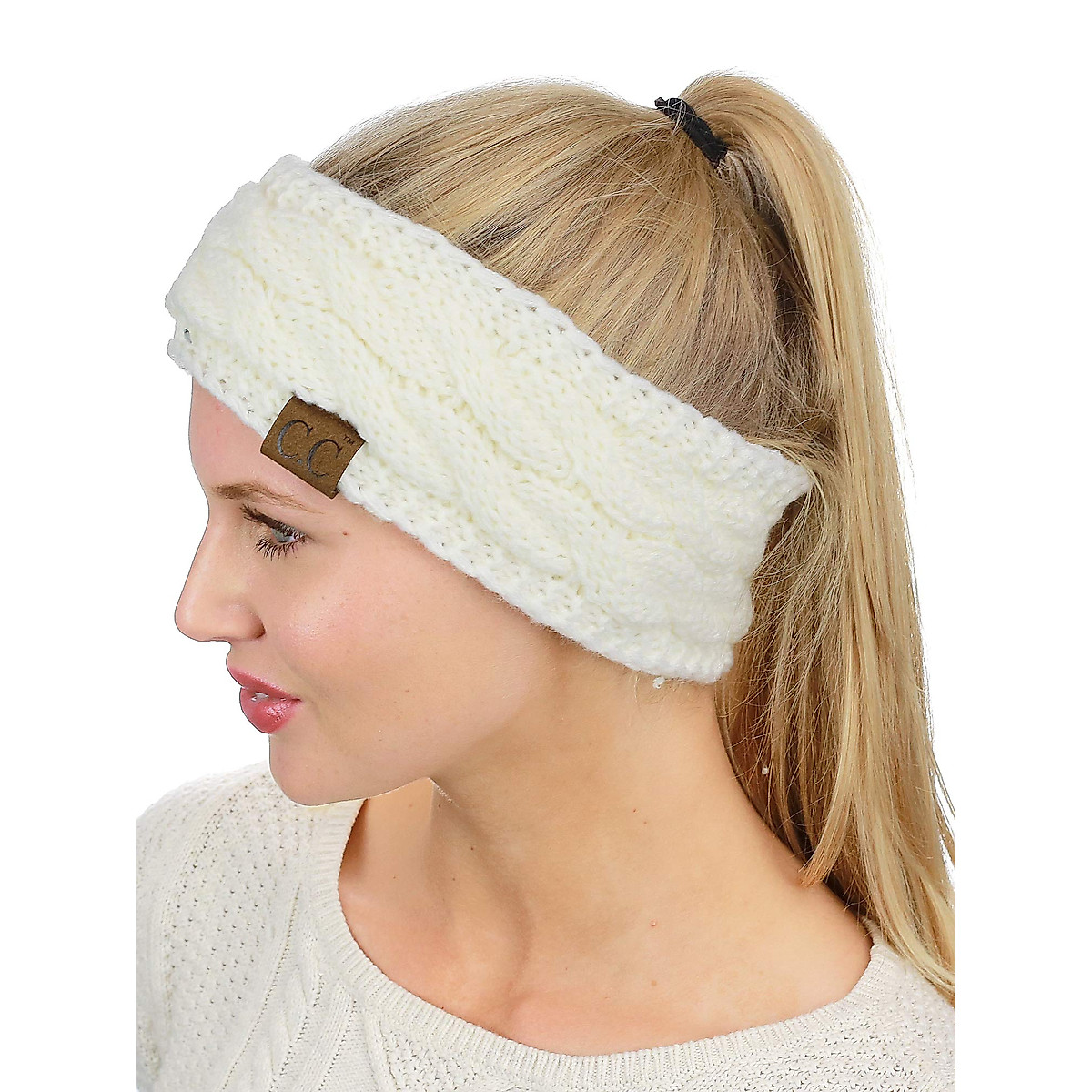 C.C Soft Stretch Winter Warm Cable Knit Fuzzy Lined Ear Warmer Headband, Ivory