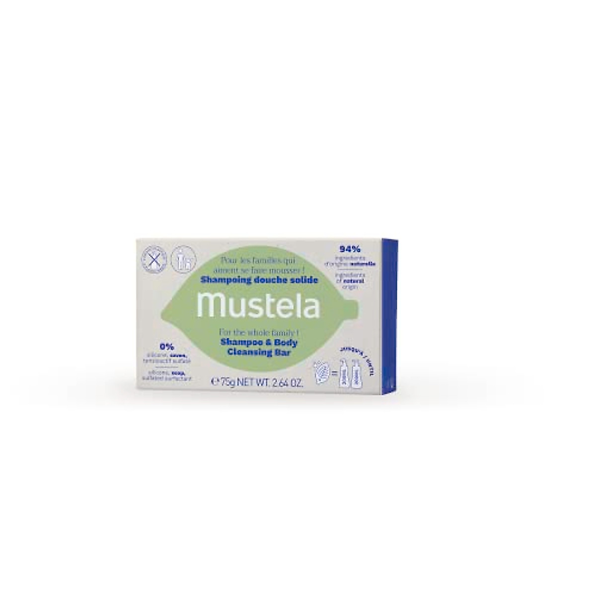 Mustela Solid Shampoo & Body Cleansing Bar for Baby, Kid & Adult - with Avocado Oil & Olive Oil - Fragrance-Free, Plastic-Free, Vegan & Biodegradable Formula - 2.64 oz.