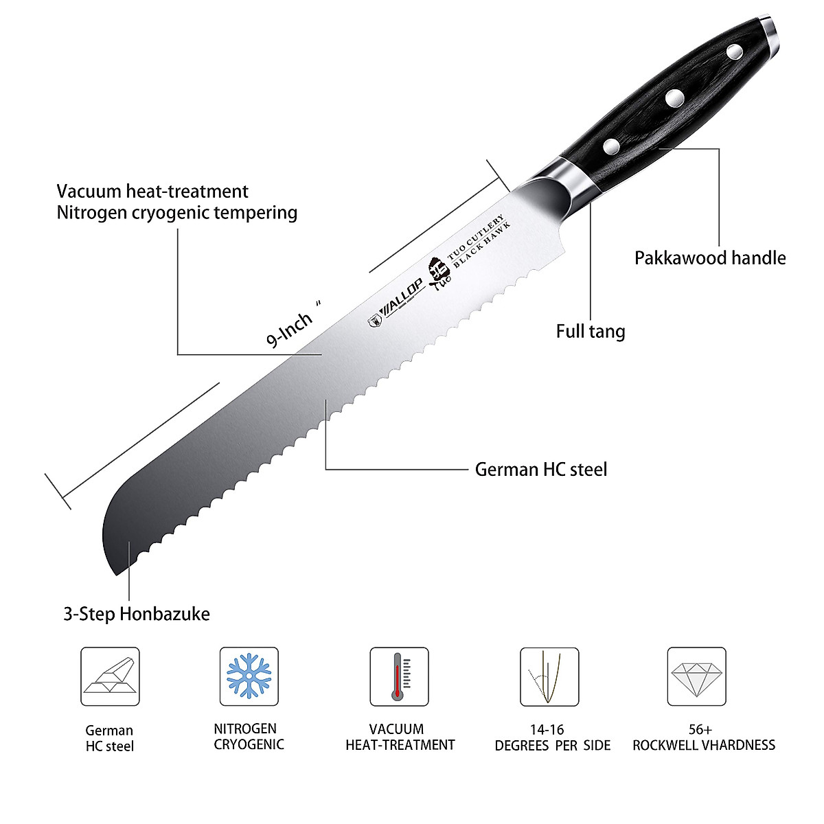 WALLOP Bread Knife 9 inch, Serrated Kitchen Slicing Knife - German High Carbon Stainless Steel, Full Tang Pakkawood Handle, Gift Box Included Black Hawk Series