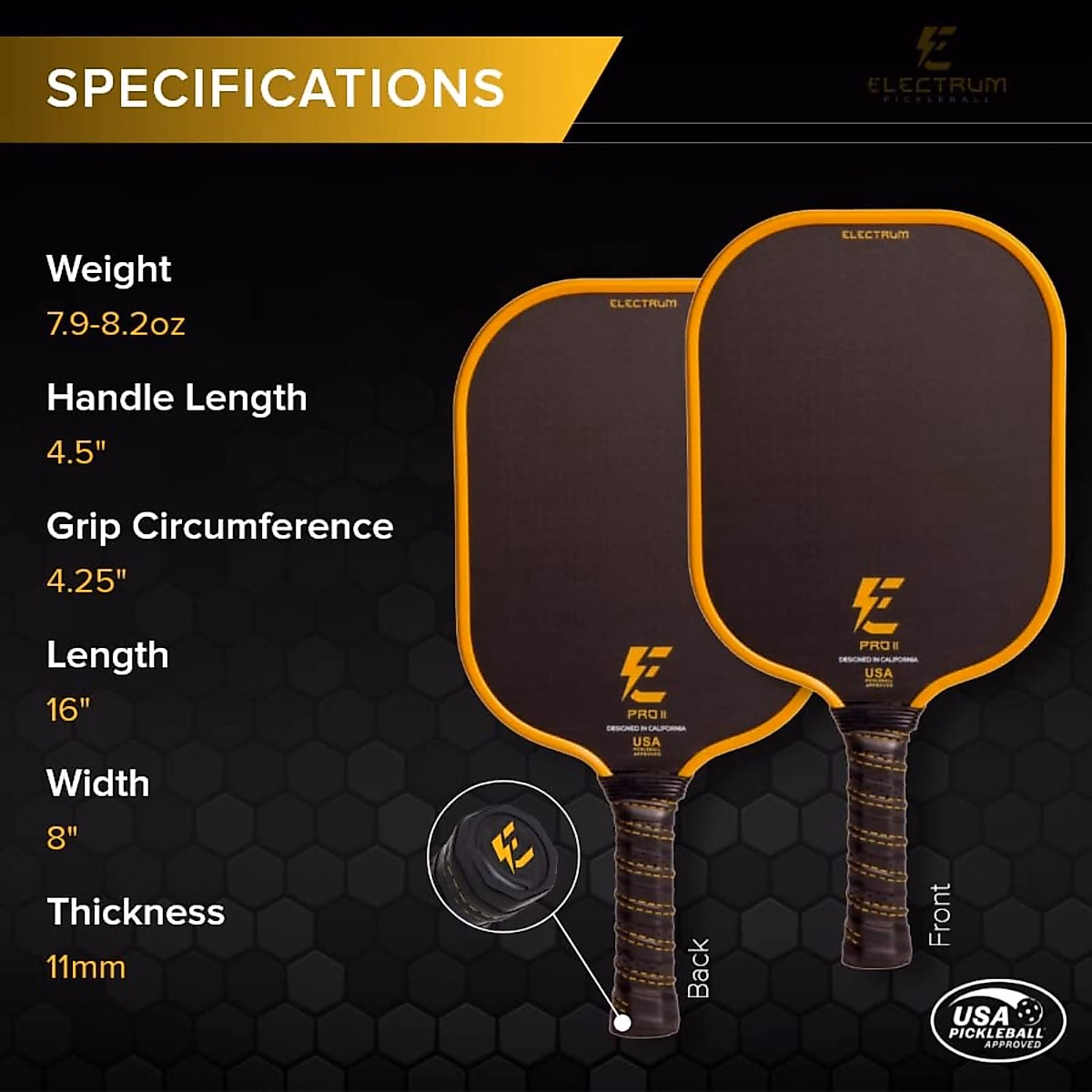 Electrum Pro II Pickleball Paddle USAPA Approved | Carbon Fiber Surface | Polypropylene Honeycomb Core | Best Paddle for Spin and Power | Lightweight