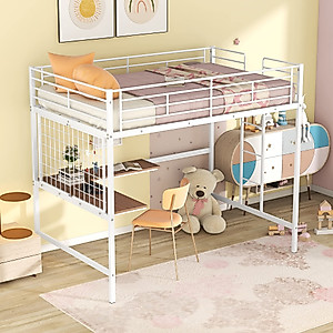 BIADNBZ Metal Loft Bed Full Size, High LoftBed Frame with L-Shaped Desk and Grid for Kids Adults, Full-Length Guardrail & Side Stairs, Space-Saving, White