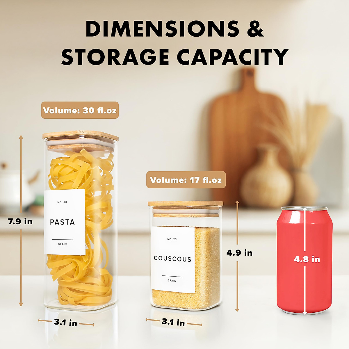 Square Glass Storage Containers with Bamboo Lids 12-Pack (4x 30 oz, 8x 17 oz) Airtight Storage Jars with Lids for Food, Stackable Kitchen Canisters with 114 Labels for Pantry [Thicker Glass 3mm]