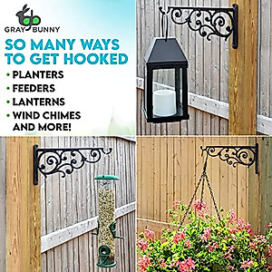 Gray Bunny Outdoor Plant Hanger Hook, 14” Large Victorian Heavy Duty Iron Wall Hooks for Bird Feeders, Lanterns, Wind Chimes, Patio Decor - Black