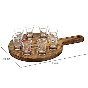 MyGift 9 Piece Shot Glass Set with Burnt Wood Paddle Board Serving Tray, Shooter Shot Glasses and Flight Board