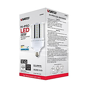 Satco S49392 Corncob LED HID Light Bulb, Medium Base, 36W, 35000 Hour Rating, 4968L, Natural Light