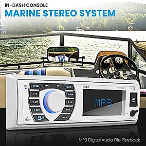 Pyle Bluetooth Marine Receiver Stereo - 12v Single DIN Style Boat In dash Radio Receiver System with Digital LCD, RCA, MP3, USB, SD, AM FM Radio - Remote Control, Wiring Harness - PLRMR23BTW (White)