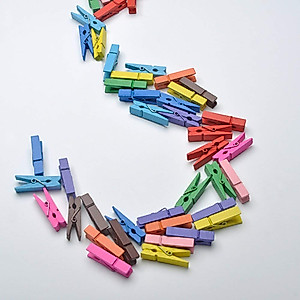 EBOOT Mini Natural Wooden Clothespins Photo Paper Peg Pin Craft Clips with Natural Twine, 100 Pieces (10 Colors)