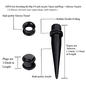 Oyaface 36PC Big Gauges Kit Ear Stretching 00G-20mm Acrylic Taper Plug Silicone Tunnels Piercing Kits Black