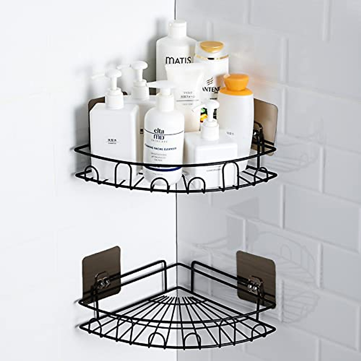 Corner Shower Caddy Basket Rack Stainless Steel with Hooks Wall Mounted Bathroom Shelf Storage Organizer Adhesive Rustproof No Drilling 3 Pack (Black)