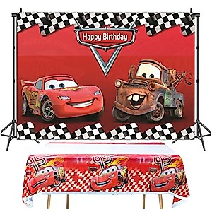 Car Racing Themed Backdrop and Tablecloth 70x42in Cartoon Cars Mobilization Birthday Party Decor Supplies Banner Background (5X3FT), Red