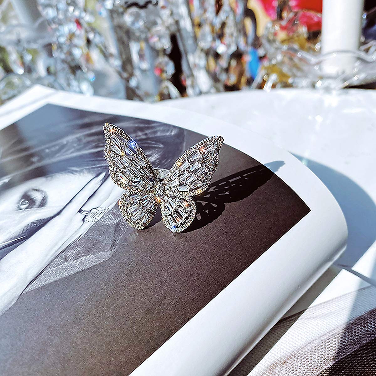 Leprato Sparkling Butterfly Ring Cubic Zirconia Bow-Knot Knuckle Ring Adjustable Open Statement Butterfly Ring Wedding Jewelry for Women