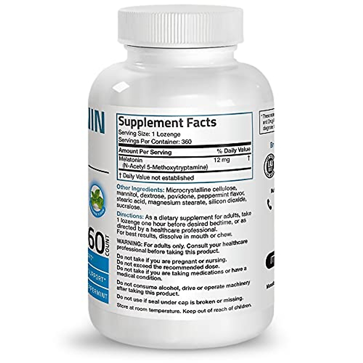 Bronson Melatonin 12mg Fast Dissolve Nighttime Sleep Aid Support & Relaxation Support, 360 Peppermint Vegetarian Lozenges