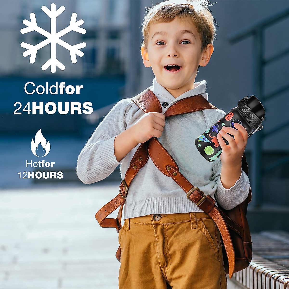 GOPPUS Kids Insulated Water Bottle - 14 Oz BPA Free 18/8 Stainless Steel Travel Bottle with Straw Water Bottle with Double Wall Vacuum Leak Proof Kids Cup for School Boys Girls, Space dinosaur