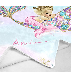 XOZOTY Personalized Mermaid Pink Girl Baby Blanket with Name Custom Baby Nursery Throw Fleece Blankets for Boys and Girls Birthday Tapestry 30 X 40inch
