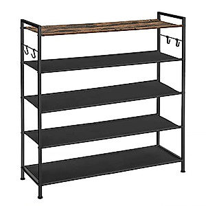 SONGMICS Shoe Rack Storage Organizer 5 Tier, Metal Shoe Rack Storage Shelf for Closet Entryway, Sturdy Large Shoe Stand for 20-25 Pairs with 4 Hooks, Adjustable Feet, 5 Fabric Shelves, Not Wooden Top