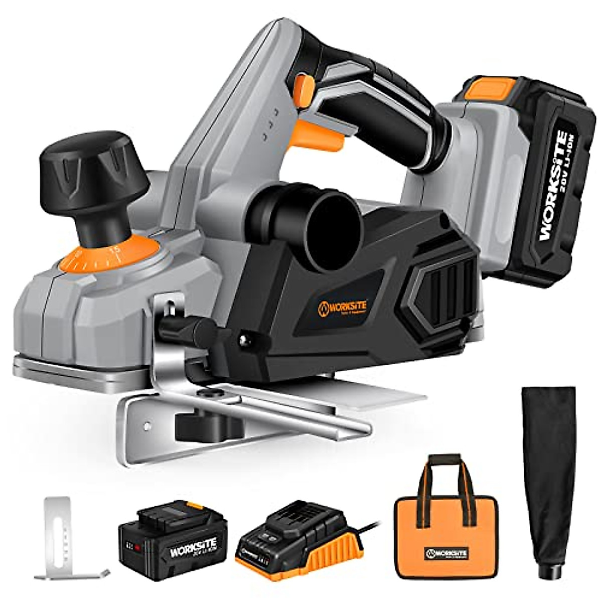 WORKSITE Hand Planer 20V Cordless 3-1/4-Inch Wood Planer with 4.0 Ah Lithium-Ion Battery, Fast Charger, Dust Collection Bag for Woodworking