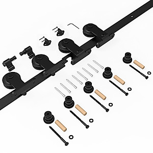 LQKUMJG 6.6FT Bypass Sliding Barn Door Hardware Kit Upgraded Heavy Duty Single Track for Double Doors, Fit 1 3/16" - 1 9/16" Thickness Door Panel, Black (T-Shaped Hanger)