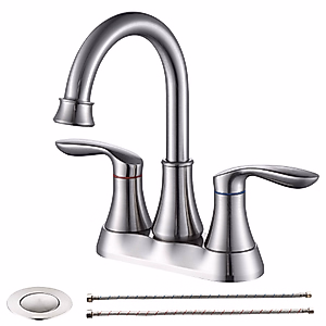 GELE Bathroom Faucet Brushed Nickel with Pop-up Drain & Supply Hoses Two-Handle 360 Degree High Arc Swivel Spout Centerset 4 Inch Vanity Sink Faucet 4011B-NP