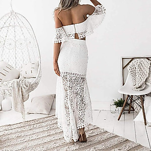 Off Shoulder Lace Dress, Women Two Piece White Lace Outfit Crop Tube Top Lace Crochet Low High Pencil Skirt Dress