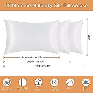 Veaken Silk Pillowcase for Hair and Skin, 2 Pack 100% Mulberry Silk Pillowcase 25 Momme, 600 Thread Count, Both Side Pure Silk Pillow Cover with Hidden Zipper (White, Standard 20''×26'')