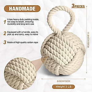 Tenceur 3 Pcs 3 Lbs Decorative Door Stop Rope Knot with Handle 6 Inch Nautical Fabric Door Stopper Twisted Knot Cotton Weighted Interior Doorstop for Door Window Bookend Dog Toys, Ivory