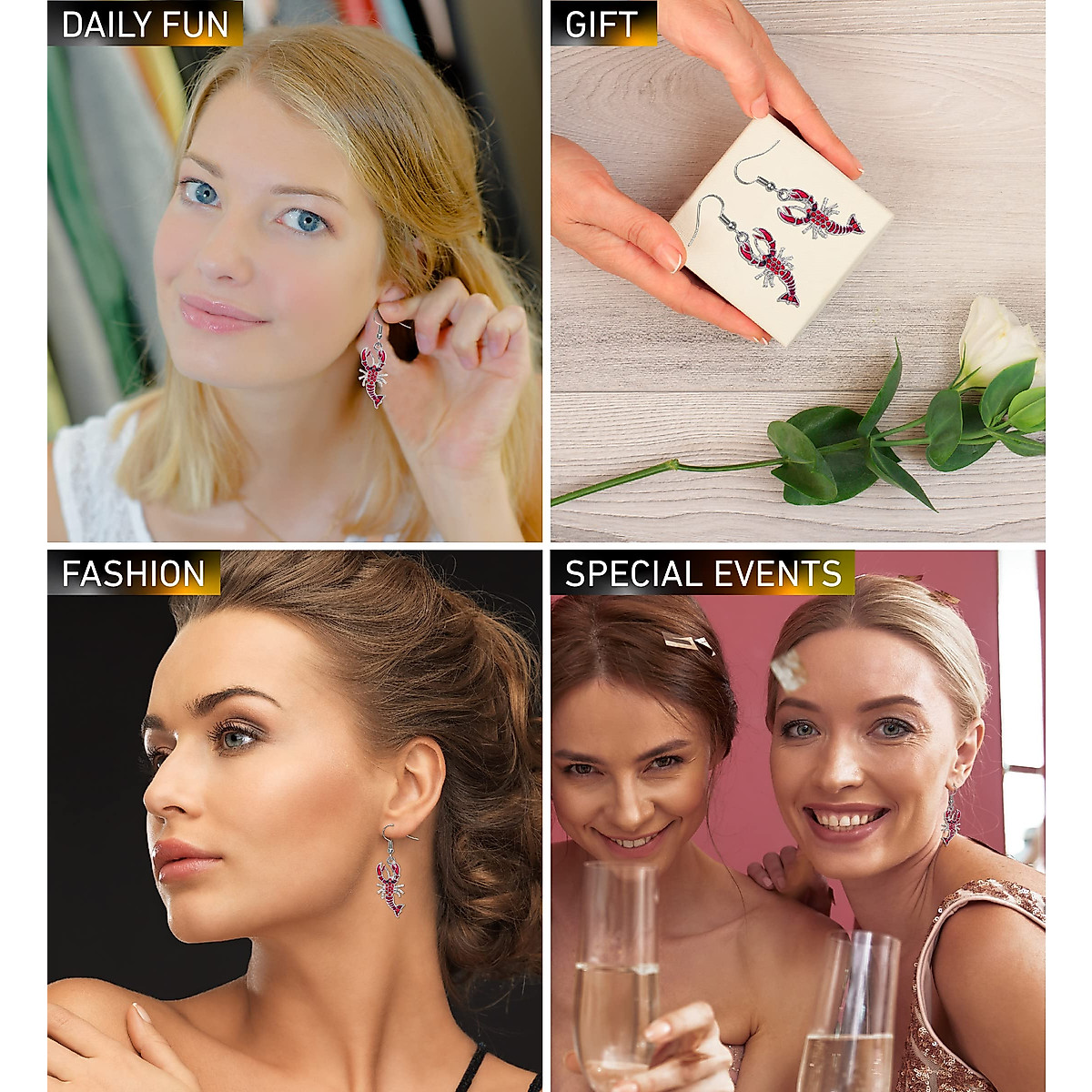 Aqua79 Red Lobster Silver Dangle Earrings - Fashion Jewelry Rhinestone Earring Hook Silver Jewelry, Zinc Alloy Fish Hook Earrings, Cute Earrings Perfect Summer Accessories for Women - 1 Inch