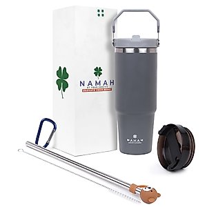 NAMAH-AtYourService 30oz/890ml Stainless Steel Tumbler Handle - Vacuum Insulated leakproof extra Cloud LID Stainless Steel Straw Straw Cap cleaning brush & Carabiner Hook (Stormy Slate Gray), Large