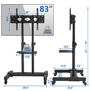 Rfiver Mobile TV Stand Rolling Cart with Tilt Mount/Locking Wheels for 40-83 Inch Flat Screen/Curved TVs up to 110lbs, Portable Floor Stand with Laptop Shelf, Height Adjustable, Extra Tall