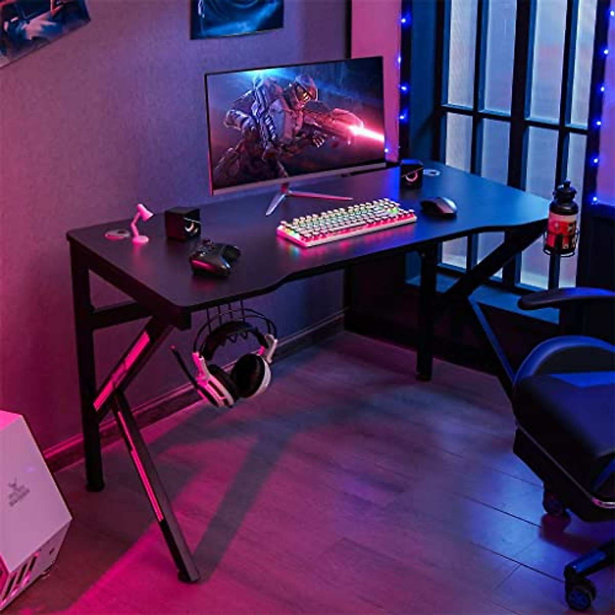 MJWDP 48" K Shape Gaming Desk Computer Desk with Cup Holder and Headphone Hook Home Office Writing Study Desk