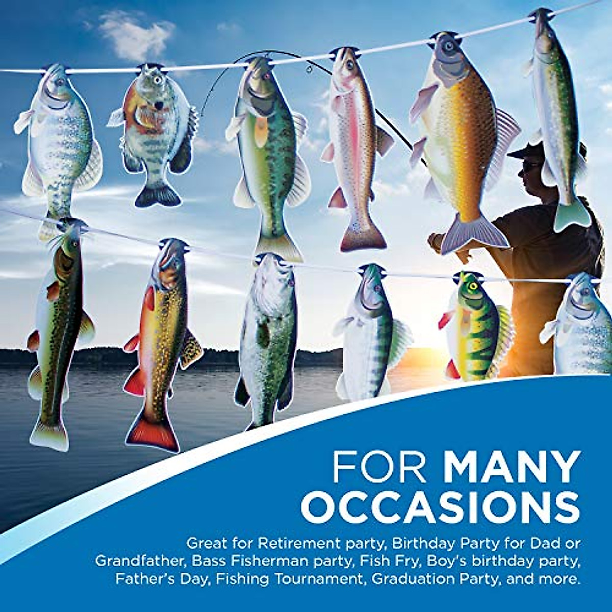 Havercamp Gone Fishin String Hanging Banner for Fish Fry, Bass Fishing, Freshwater Pond & Salt Water Tournament Fishing Decorations