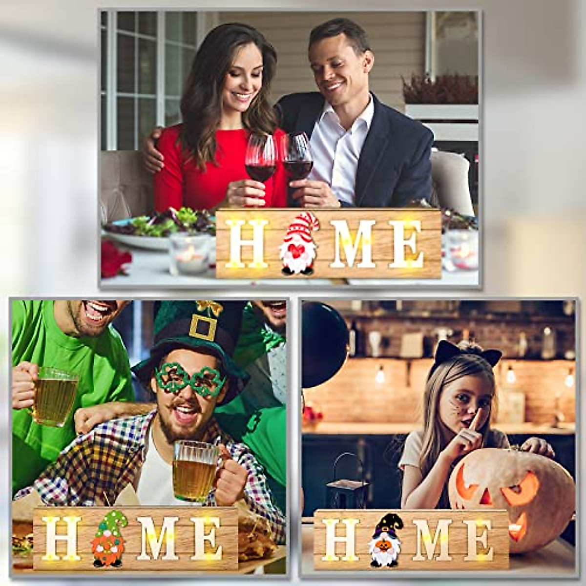 St. Patrick's Day Gnome Home Sign Interchangeable Home Sign with 8 Seasonal Magnet Rustic St. Patrick's Day Wooden Sign Table Top Shelf Decor 8 LED Lights for Holiday Farmhouse Door Welcome DIY Decor