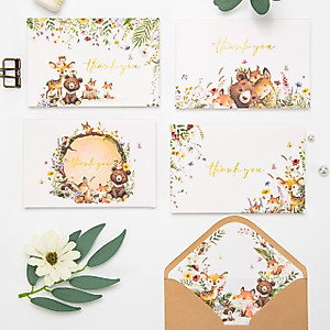 Crisky 50 Pack Woodland Thank You Cards Baby Shower Envelopes and Stickers Gold Foil Woodland Theme for Baby Shower Birthday Party Supplies 4×6 inch