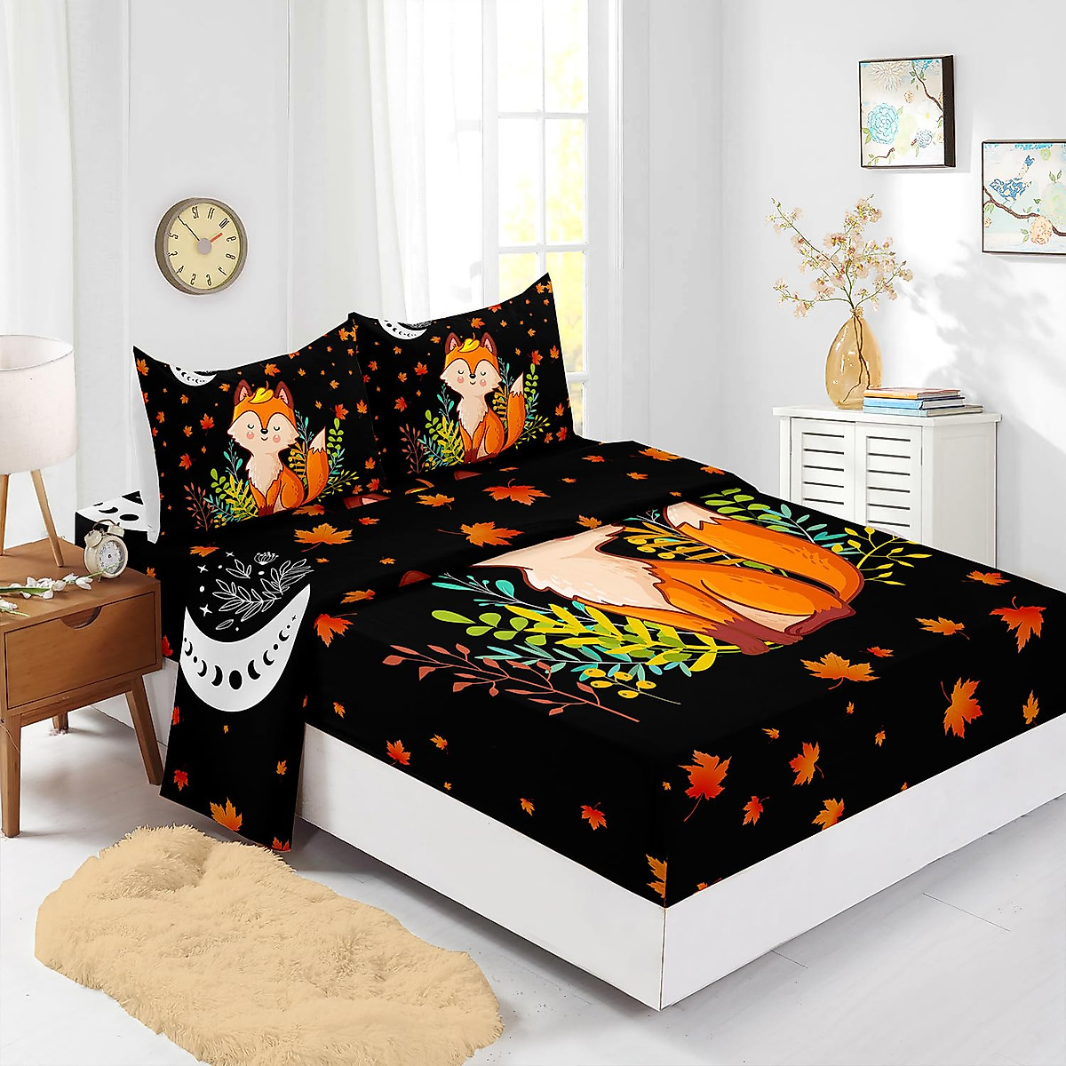 XYNHML Cute Fox Pattern Twin Fitted Sheet Deep Pockets Cartoon Fox Kid Bed Sheet Set 4Pcs Wild Animal Bedding Set Moon Leaves Decorative Includes 1 Fitted Sheet,1 Flat Sheet,2 Pillowcases
