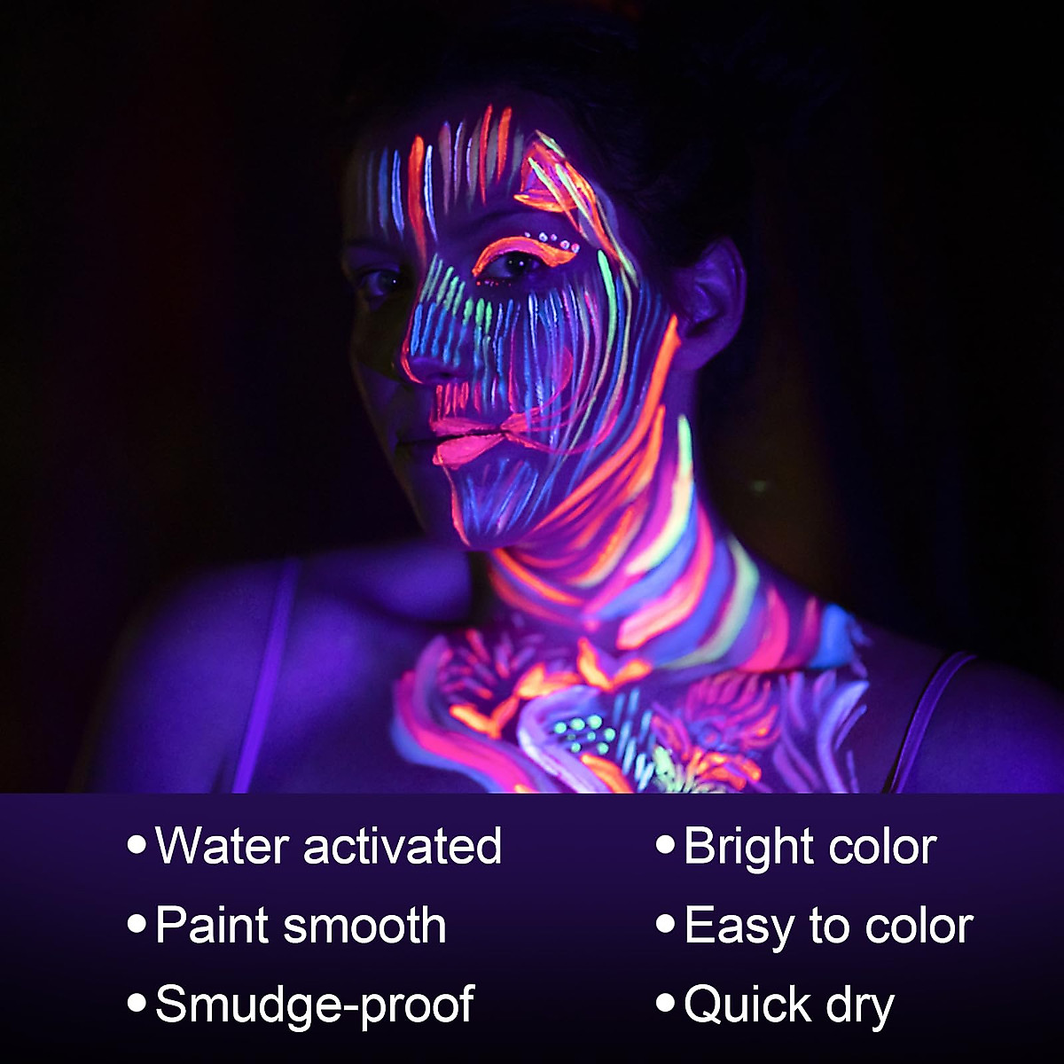 MEICOLY Glow UV Blacklight Face Paint, 8 Bright Colors Neon Fluorescent Body Painting Palette,Water Activated Eyeliner,Water Based Glow In The Dark Party Halloween Washable for Kids Adult Body Paint