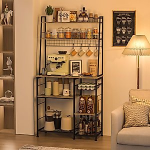 X-cosrack 5-Tier Coffee Bar Rack, Industrial Bakers Rack with Storage Shelves Hooks, Microwave Rack Organizer with Wire Basket Drawer for Kitchen, Coffee Station Pantry, (Rustic Brown)