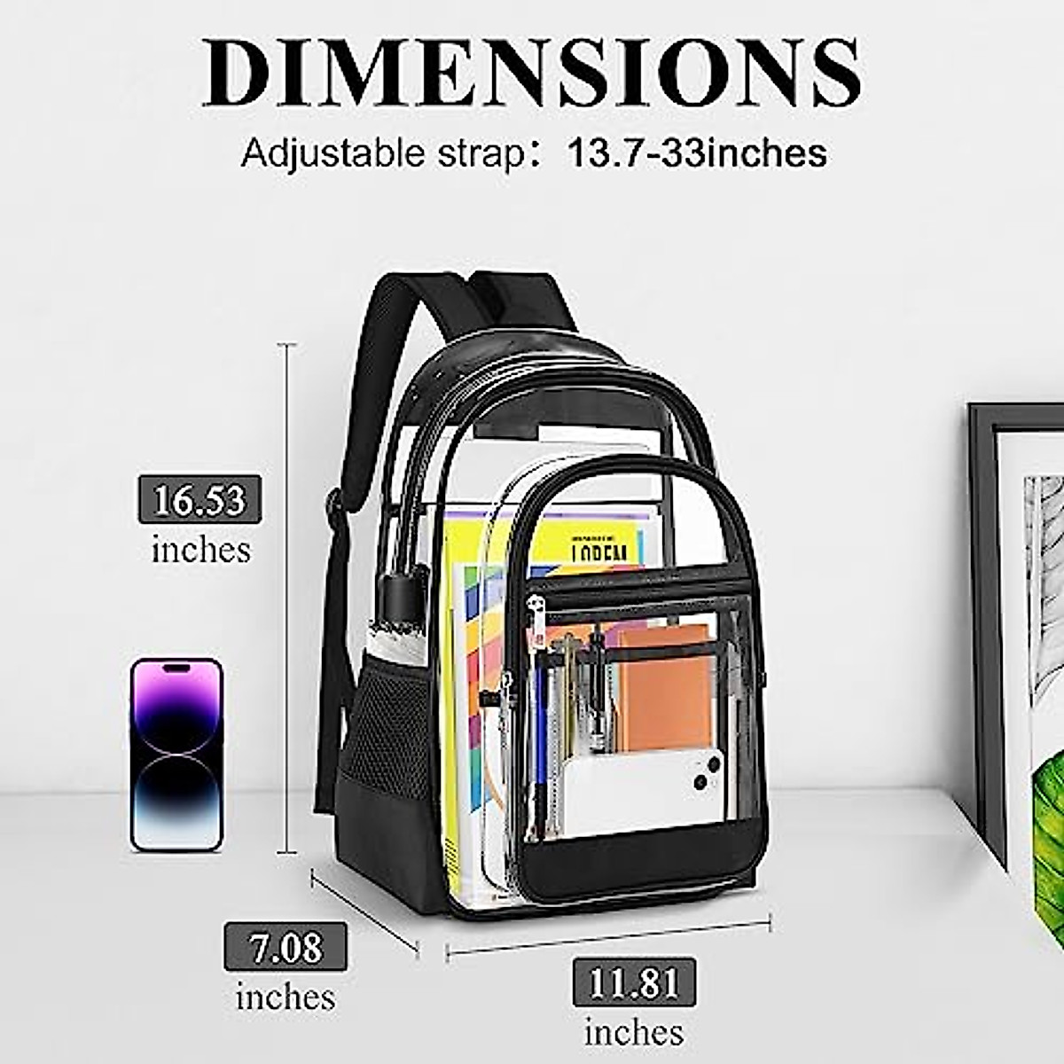 KIMNERPU Clear Backpack, Heavy Duty PVC Transparent Backpack with Reinforced Straps, See Through Multiple Pockets Large Capacity Bookbag for Concert Work Security Travel Festival (Black)