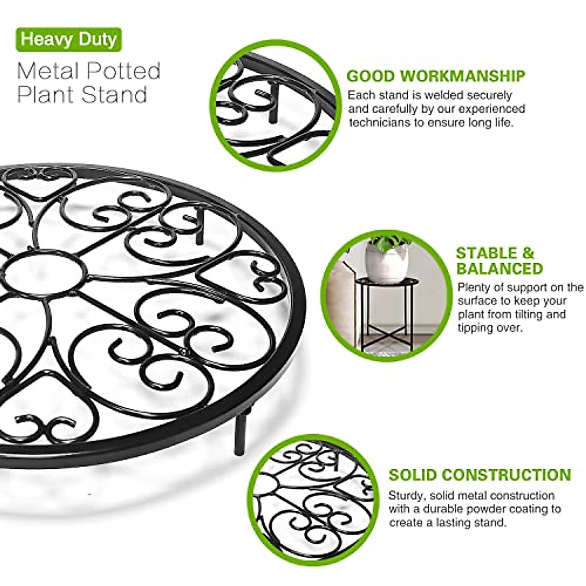 Plant Stand Indoor Outdoor, 2 Pack 15" Tall Flower Pot Stand, Round Metal Corner Plant Stand for Flower Pot, Rustproof Flower Plant Holder for Home, Garden, Patio, Plant Lovers, Housewarming