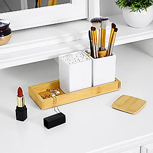 VITVITI Bamboo Bathroom Accessories, White Bathroom Organizer Countertop, Soap Dispenser and Toothbrush Holder Set, Vanity Tray for Bathroom, 4 Pieces Ceramics Decor