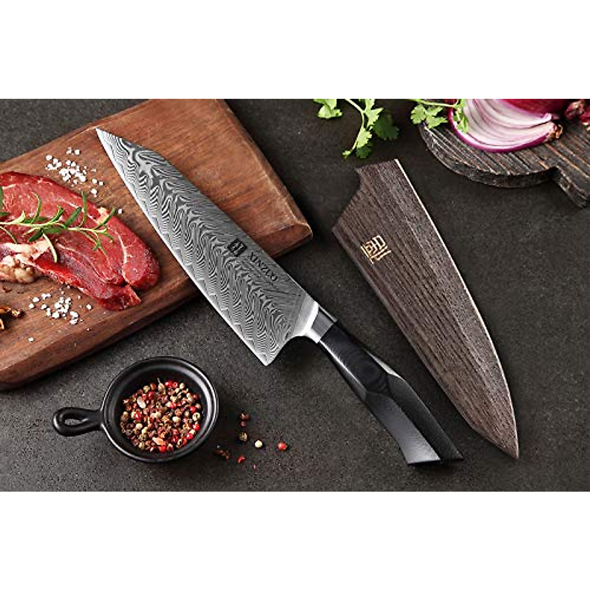 XINZUO Damascus Steel Chef Knife, 8.5 inch Kiritsuke Kitchen Knife Professional Forged Gyuto Cooking Knife, Military Grade G10 Handle with Magnetic Sheath -Feng Series