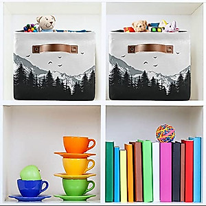 xigua Mountains Rectangular Storage Bin Collapsible Storage Box Canvas Toy Basket Large Foldable Storage Organizer with Leather Handles for Living Room Bedroom Kitchen Kids Room